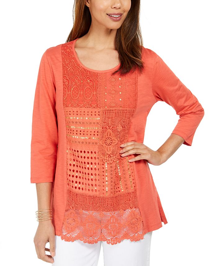JM Collection Cotton Crochet Patchwork Top, Created for Macy's - Macy's