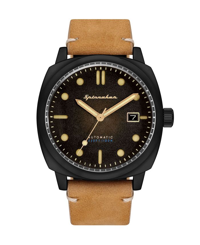 Spinnaker Men's Hull Automatic Brown Genuine Leather Strap Watch 42mm ...