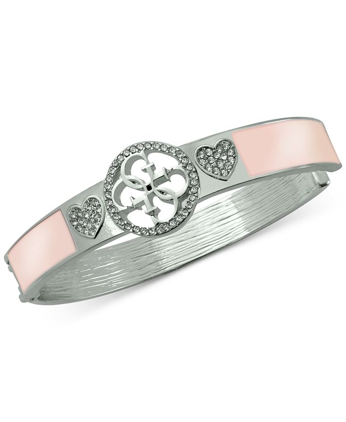 GUESS Silver-Tone Pavé Heart & Logo Bangle Bracelet - Macy's