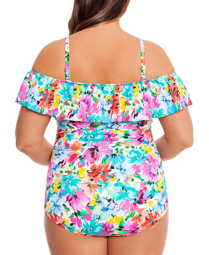 Swim Solutions Plus Size Floral Vista Printed Off The Shoulder Tummy