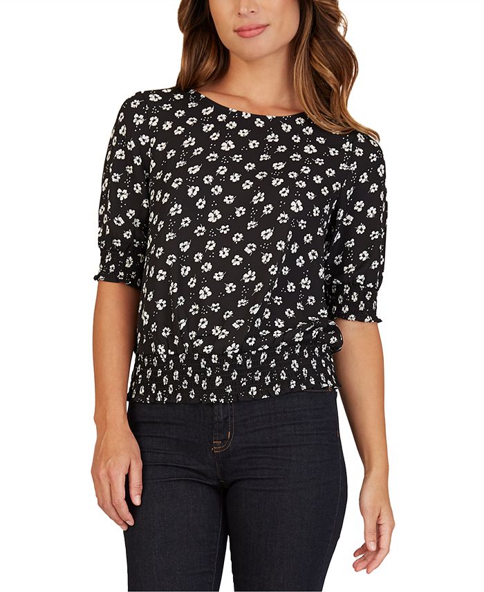 BCX Juniors' Floral-Print Smocked Top - Macy's