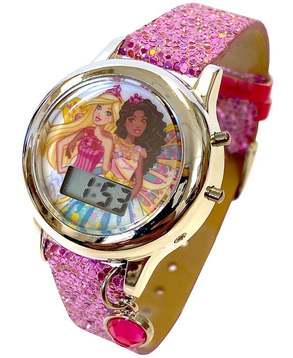 Accutime Kid's Barbie Digital Pink Glitter Silicone Strap Watch 34mm ...
