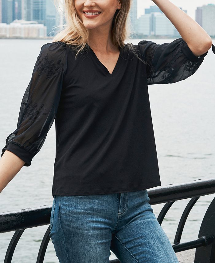 CeCe Lace-Trim Sheer-Sleeve Top - Macy's