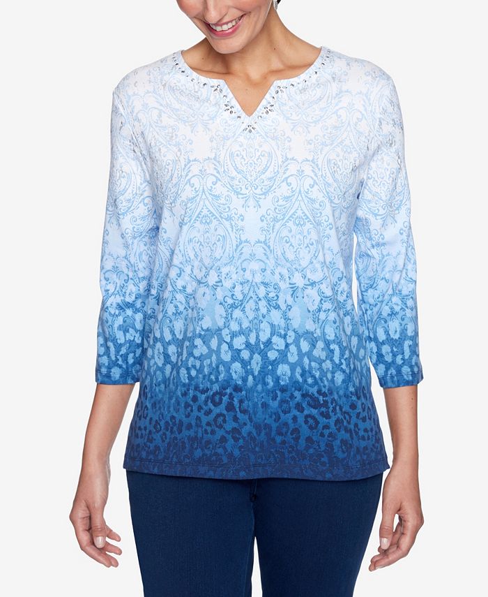 Alfred Dunner Women's Plus Size Denim Friendly Skin Ombre Medallion Top ...