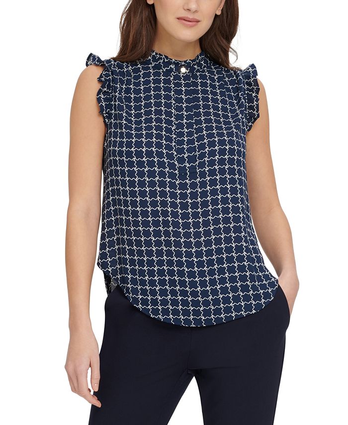 DKNY Printed Ruffled-Trim Top - Macy's