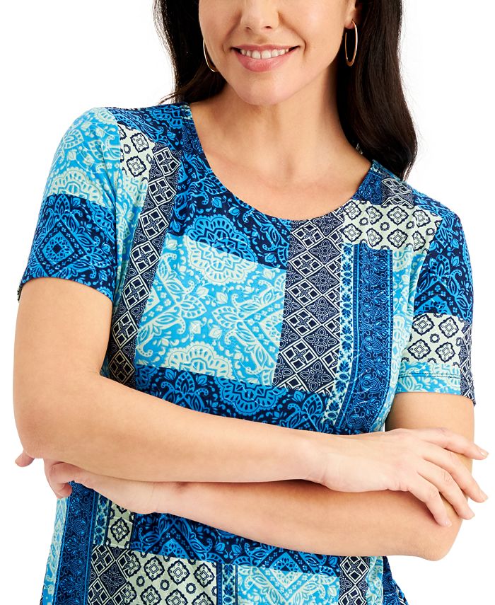 JM Collection Printed Short Sleeve Jacquard Patch Top, Created for Macy ...