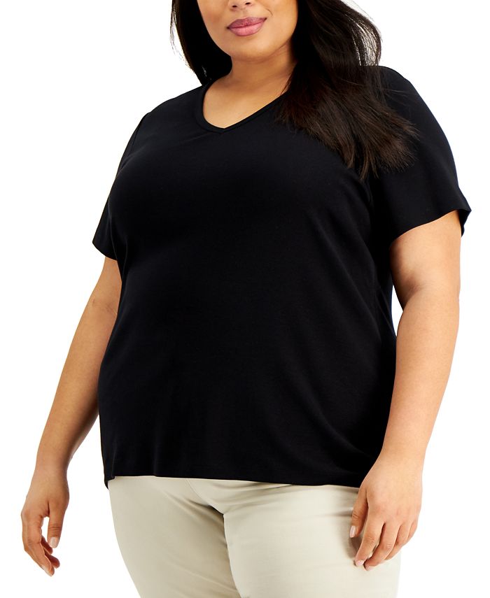 Karen Scott Plus Size Cotton V-Neck Top, Created for Macy's & Reviews ...