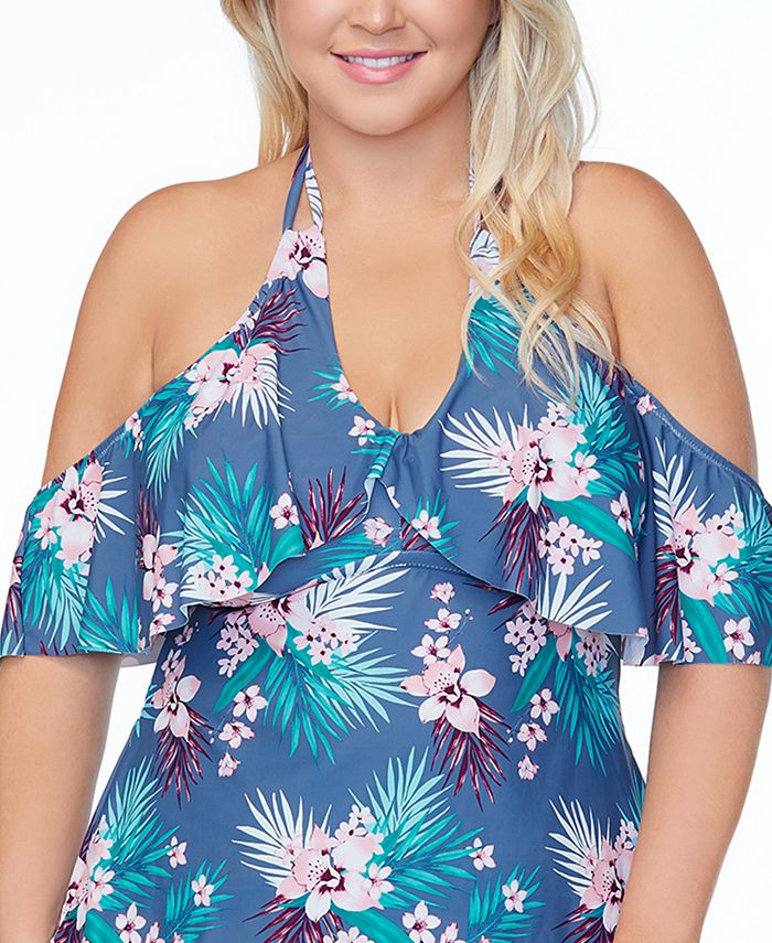 Raisins Curve Trendy Plus Size Haleiwa Printed Ruffled Tankini Top - Macy's