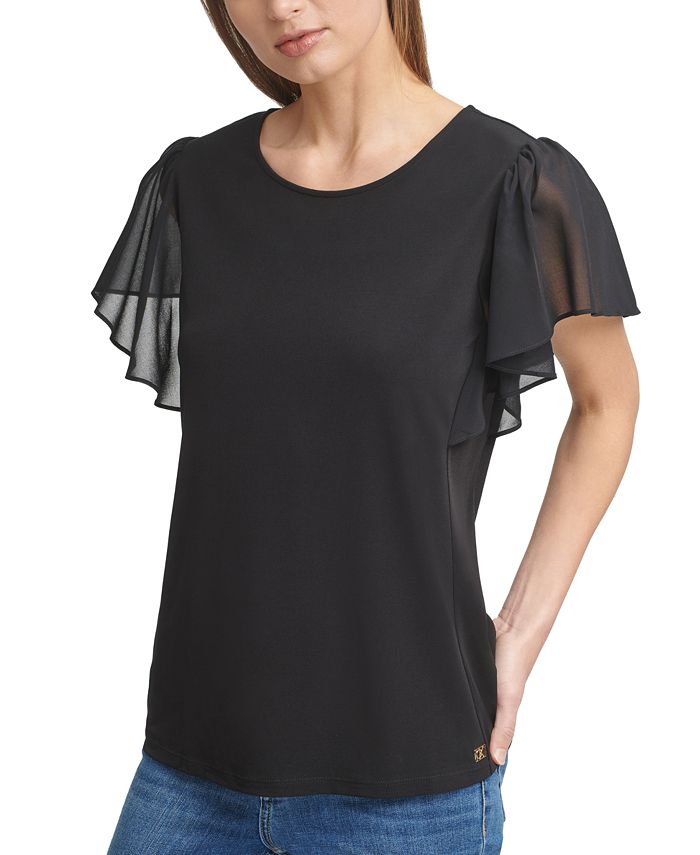 Calvin Klein Solid Chiffon-Sleeve Top - Macy's