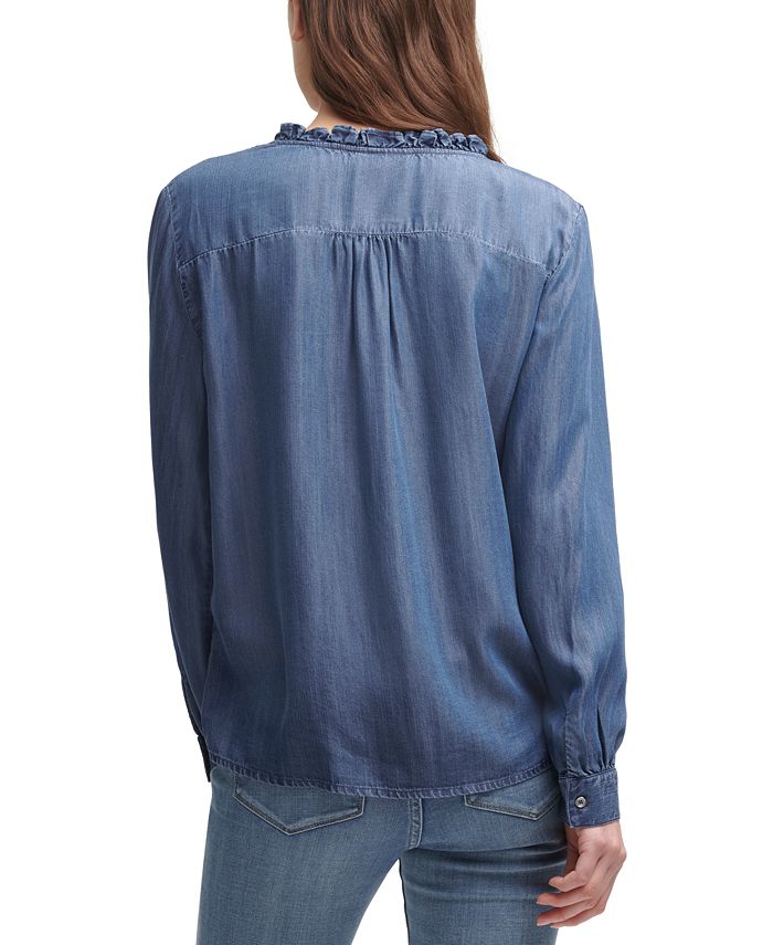 DKNY Ruffled-Collar V-Neck Tencel Top - Macy's