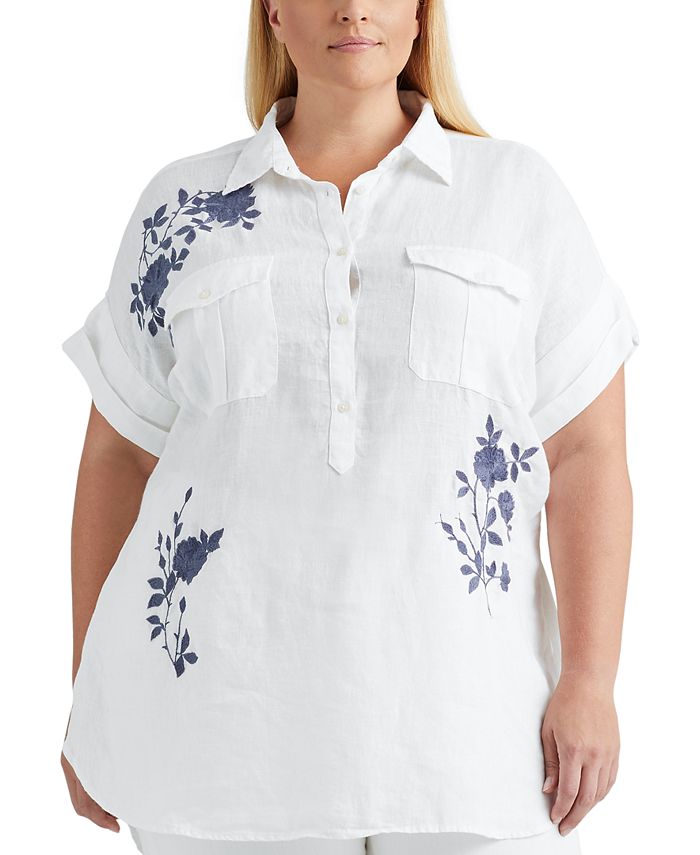 Lauren Ralph Lauren Plus Size Embroidered Linen Top - Macy's