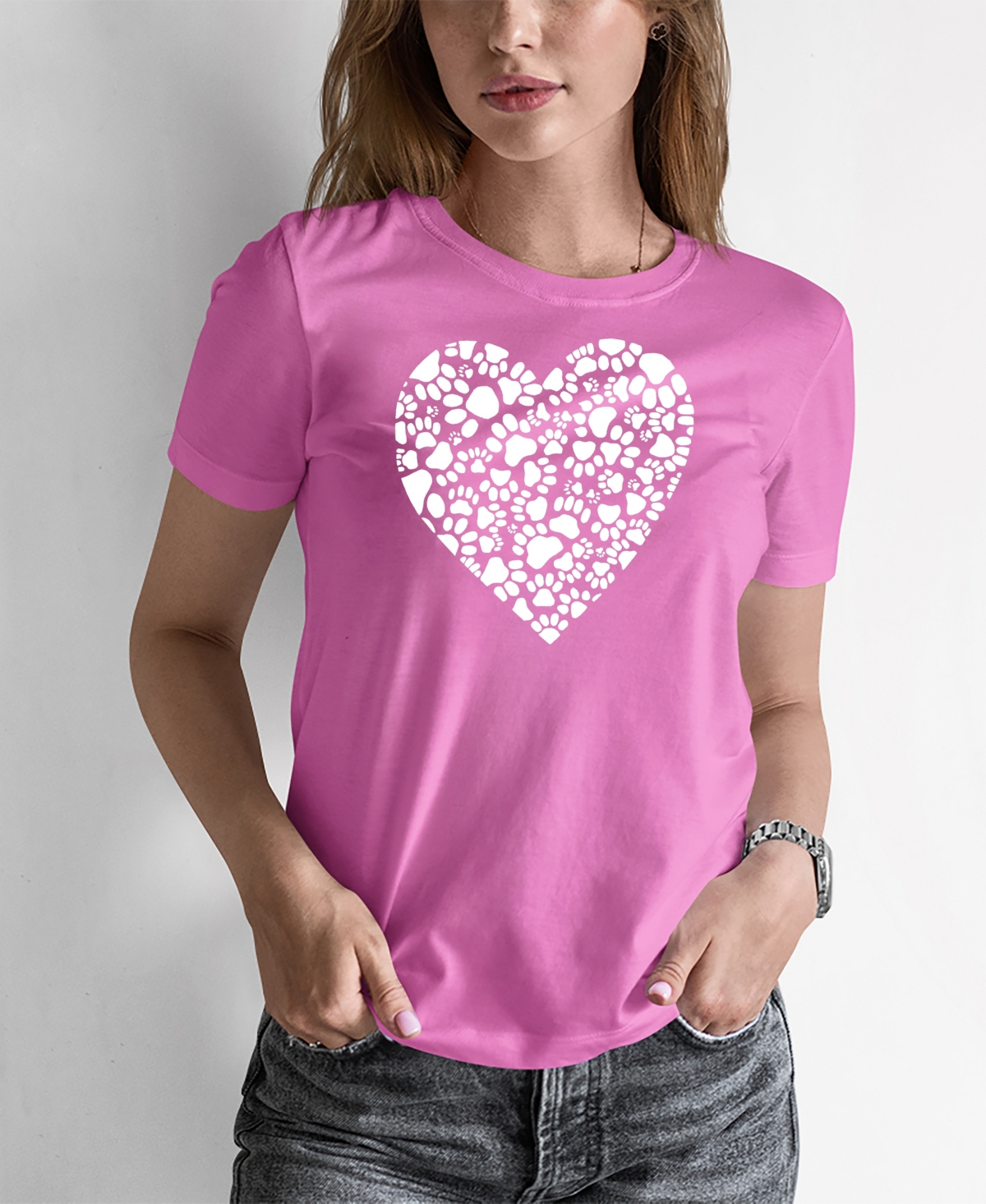 Click here for Womens Word Art Paw Prints Heart T-Shirt - Pink prices