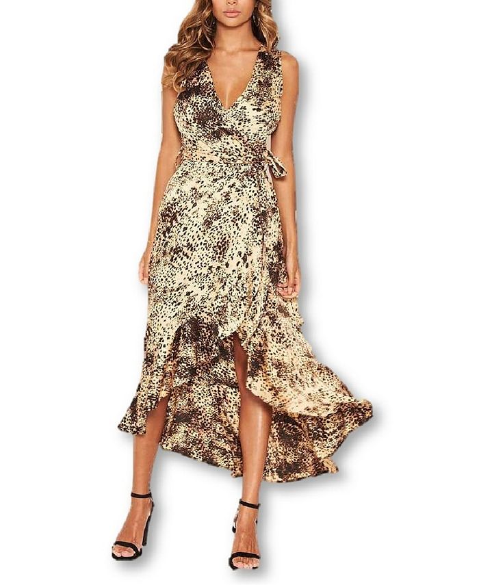 AX Paris Women's Animal Print Wrap Frill Hem Maxi Dress - Macy's