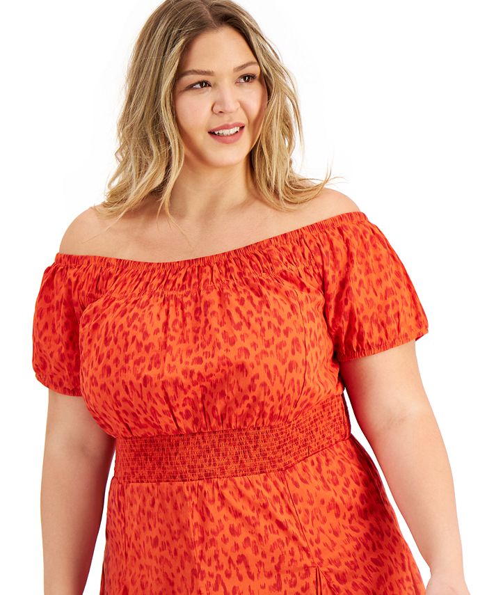 INC International Concepts Plus Size Off-The-Shoulder Smocked Dress ...