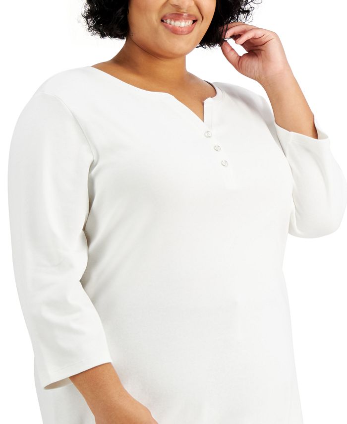 Karen Scott Plus Size 3/4-Sleeve Henley Top, Created for Macy's - Macy's