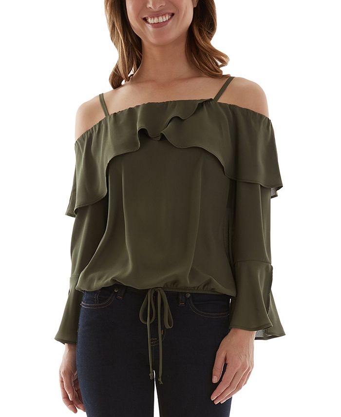 BCX Juniors' Ruffled-Neck Drawstring-Hem Top - Macy's