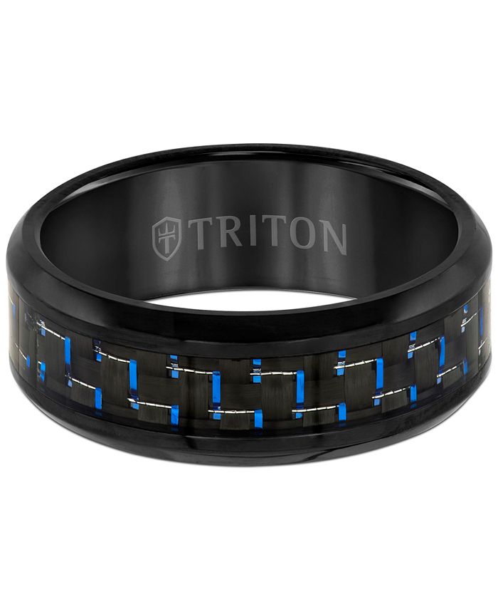 Triton Men's Blue Carbon Fiber Inlay Comfort Fit Band in Black Titanium ...