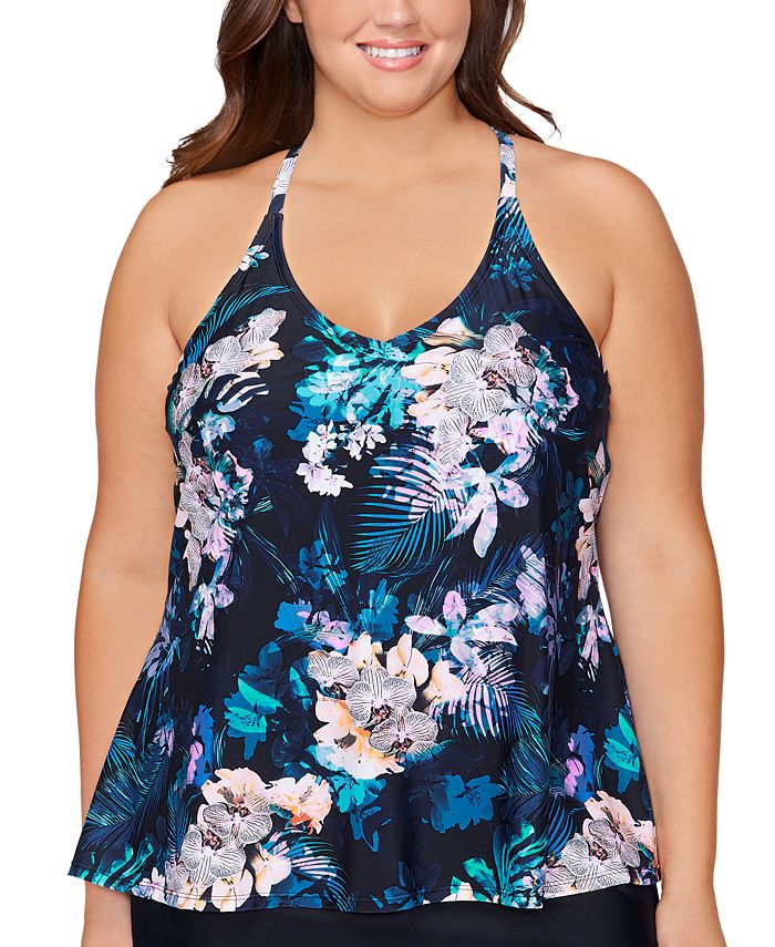 Island Escape Plus Size Floral Print T Back Underwire Tankini Top