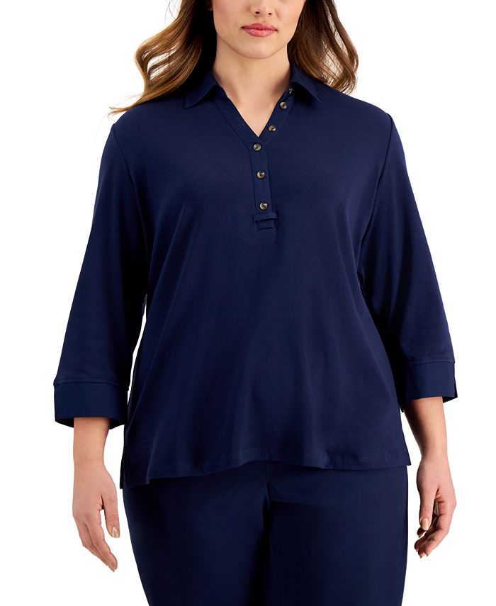 Karen Scott Plus Size 3/4-Sleeve Cotton Top, Created for Macy's - Macy's