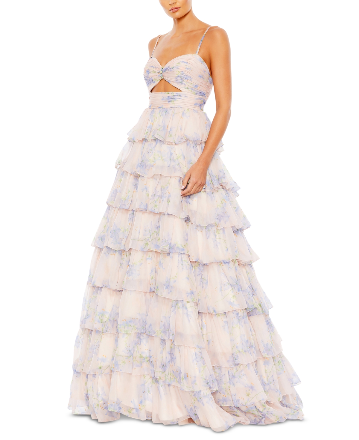Click here for Mac Duggal Floral-Print Cutout Ruffled Gown - Viol... prices