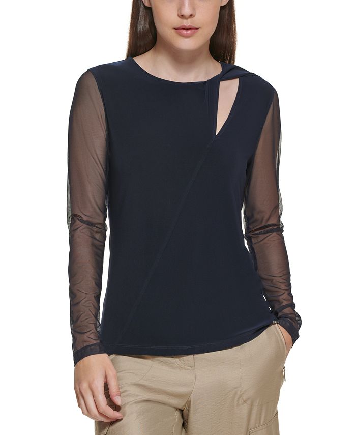 DKNY Mesh-Sleeve Keyhole Top - Macy's
