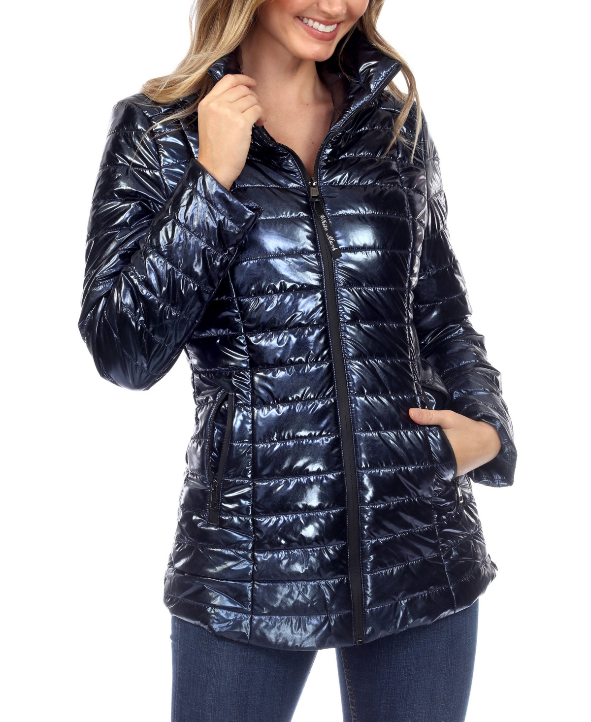 Click here for Womens Metallic Puffer Coat - Blue prices