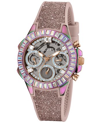 GUESS Women's Pink Glitz Silicone Strap Watch 36mm - Macy's