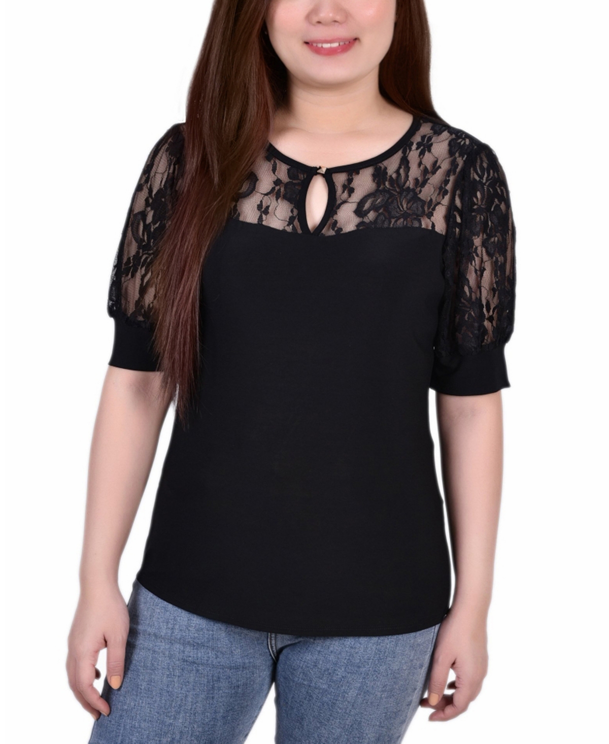 Click here for Ny Collection Petite Puff Sleeve Lace Top - Black prices