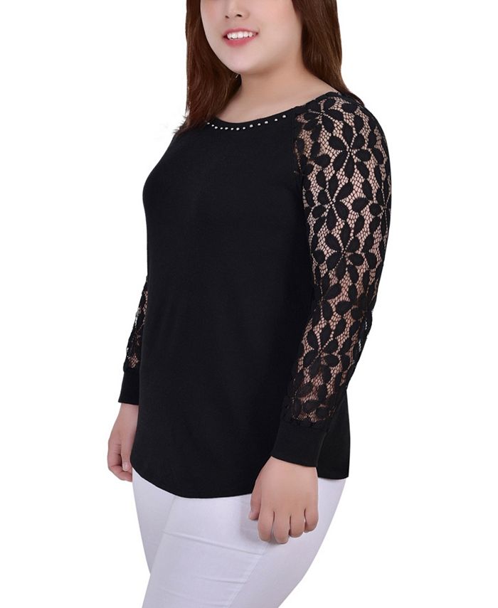 NY Collection Plus Size Long Lace Sleeve Top - Macy's