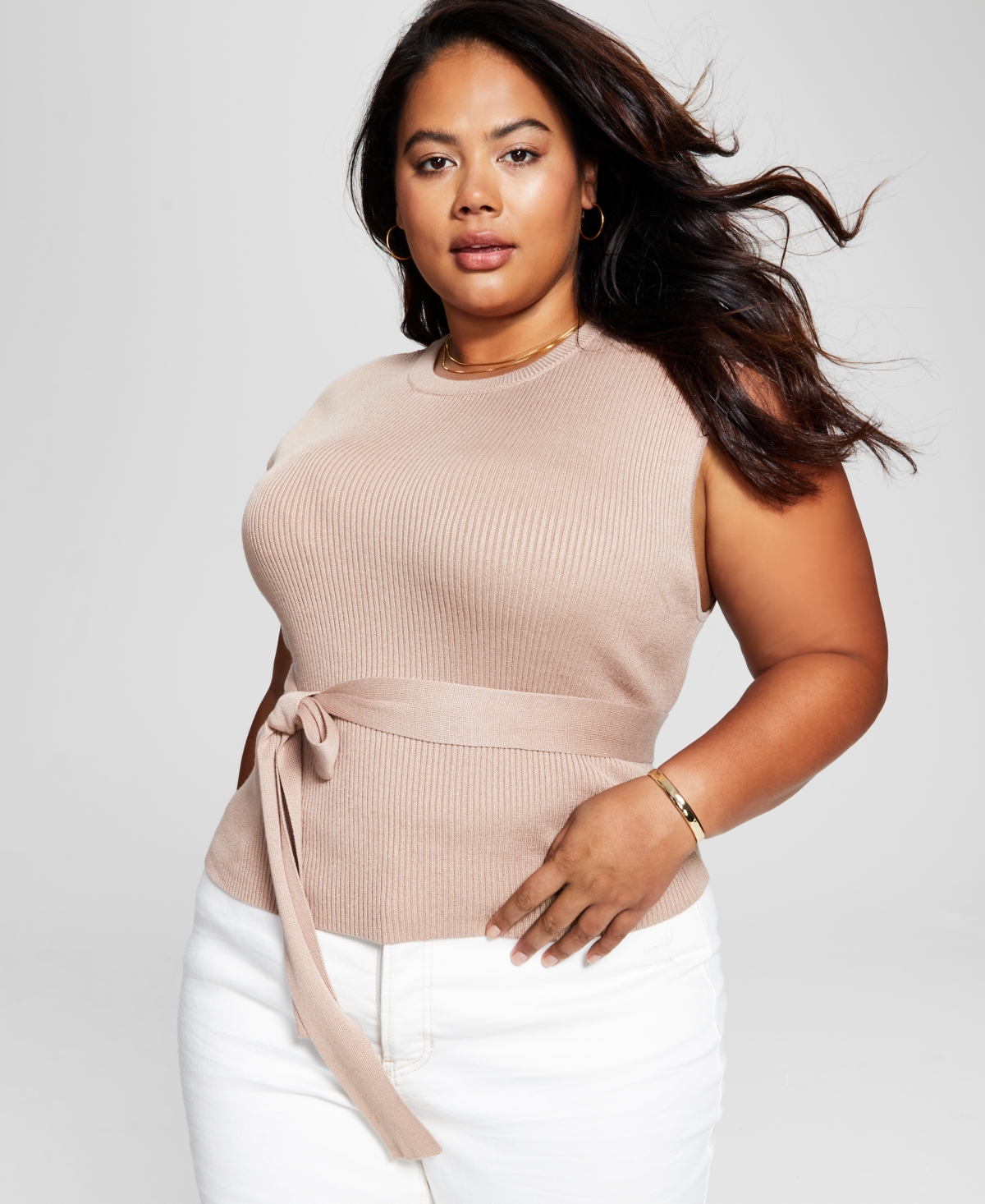 And Now This Trendy Plus Size Ribbed Tie-waist Top In Almond | ModeSens