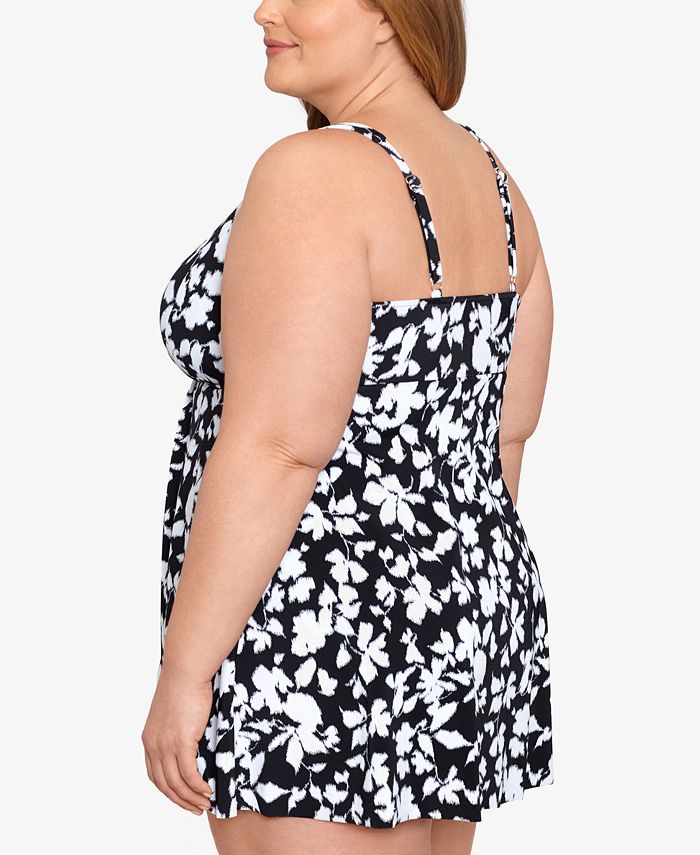 Swim Solutions Plus Size Printed Tummy-Control Flyaway Swimdress ...