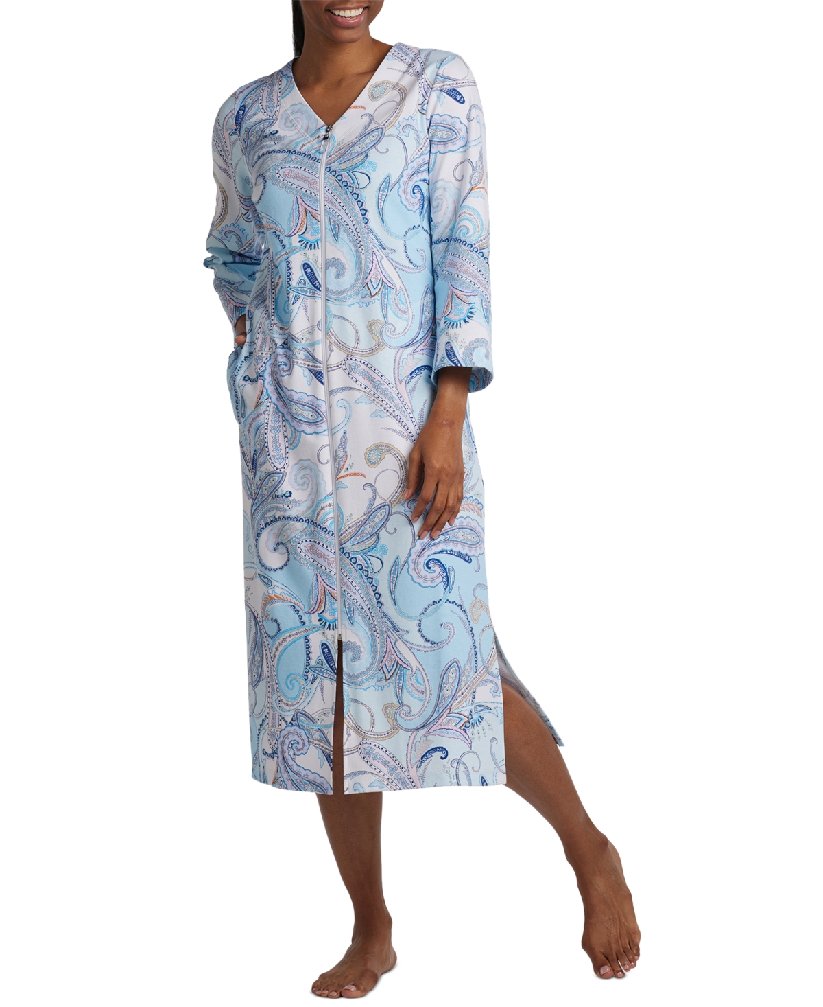 Miss Elaine Women's 3/4-sleeve Paisley-print Zipper Robe In Large ...