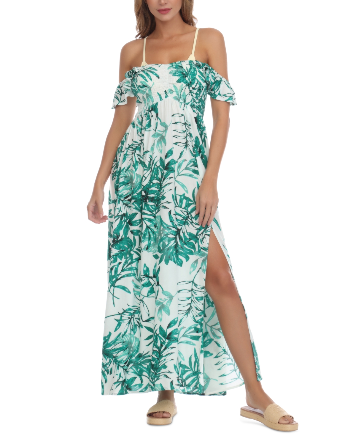 Raviya Women's Printed Smocked Off-the-shoulder Swim Cover-up Dress ...