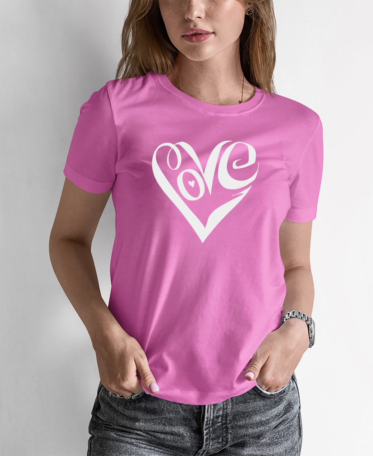 Click here for Womens Word Art Script Love Heart T-shirt - Pink prices