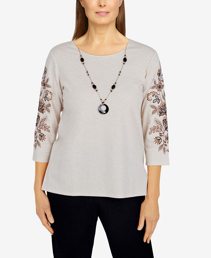 Alfred Dunner Women's Second Nature Embroidered Sleeves Knit Top - Macy's