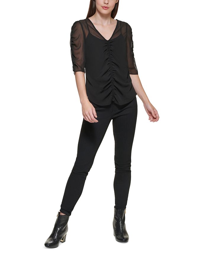 DKNY Ruched-Sleeve Top - Macy's