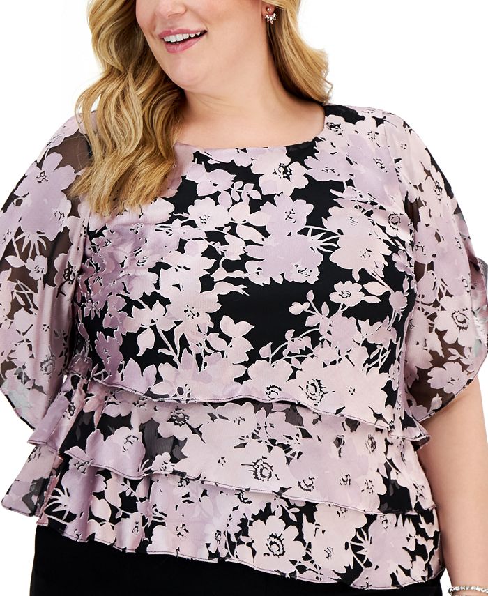 Alex Evenings Plus Size Floral-Print Tiered Elbow-Sleeve Top - Macy's