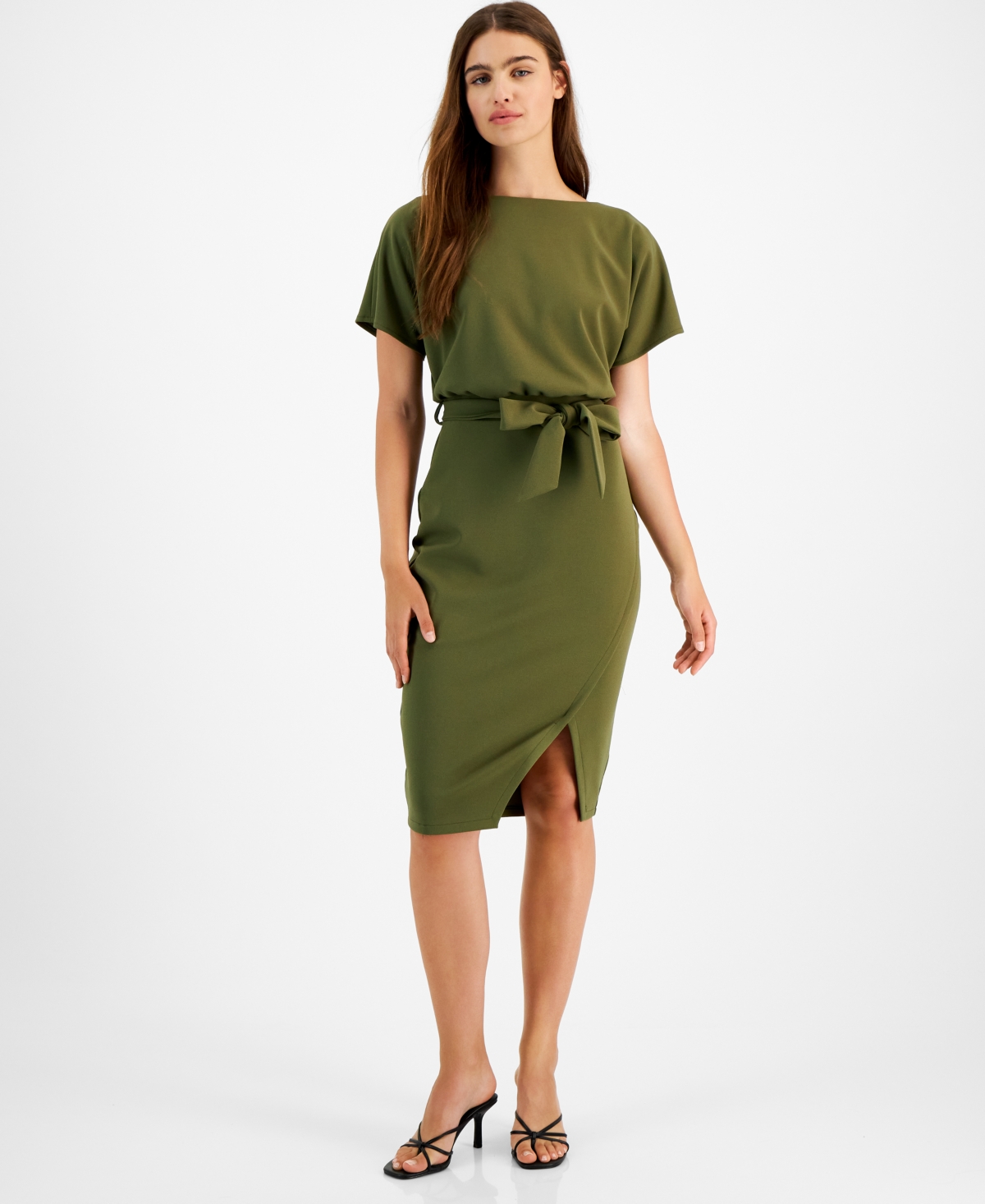 Click here for kensie Blouson Wrap Dress - Olive prices