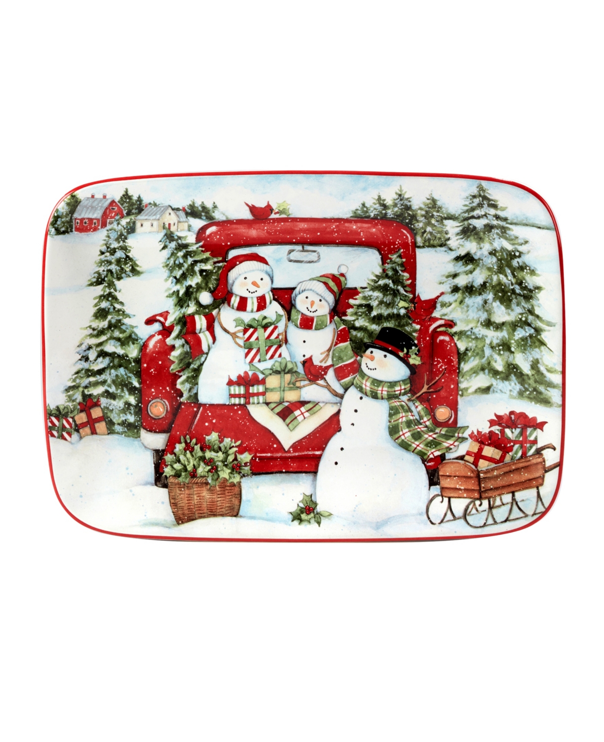 Certified International Red Truck Snowman Rectangular Platter - Red and White