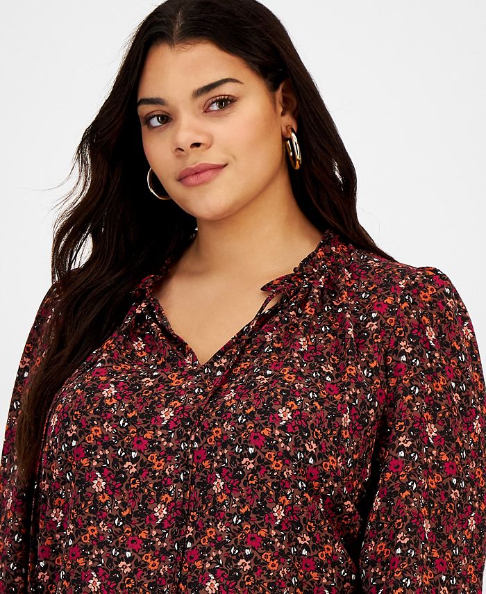 Bar III Plus Size Floral-Print Ruffle-Neck Blouse, Created for Macy's ...