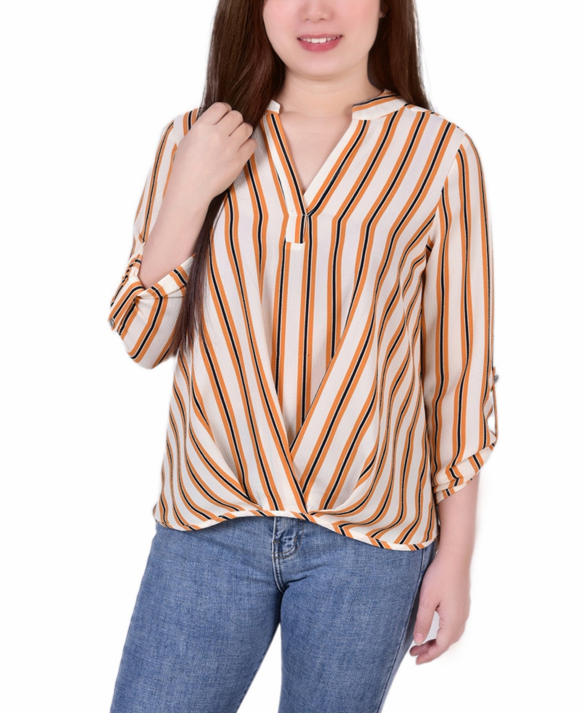 Click here for Petite Size 3/4 Push Tab Mandarin Collar Blouse wi... prices