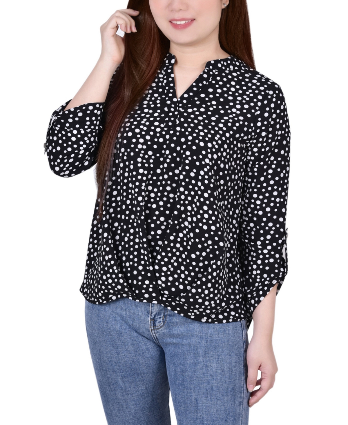 Click here for Petite Size 3/4 Push Tab Mandarin Collar Blouse wi... prices