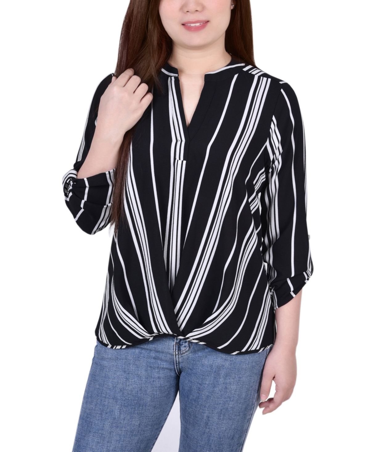 Click here for Petite Size 3/4 Push Tab Mandarin Collar Blouse wi... prices