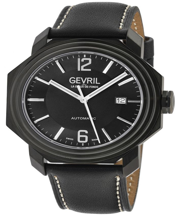 Gevril Men's Canal St Swiss Automatic Italian Black Leather Strap Watch ...
