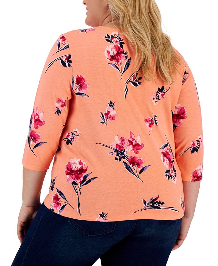 Karen Scott Plus Size Venus Fleur 3/4-Sleeve Top, Created for Macy's ...