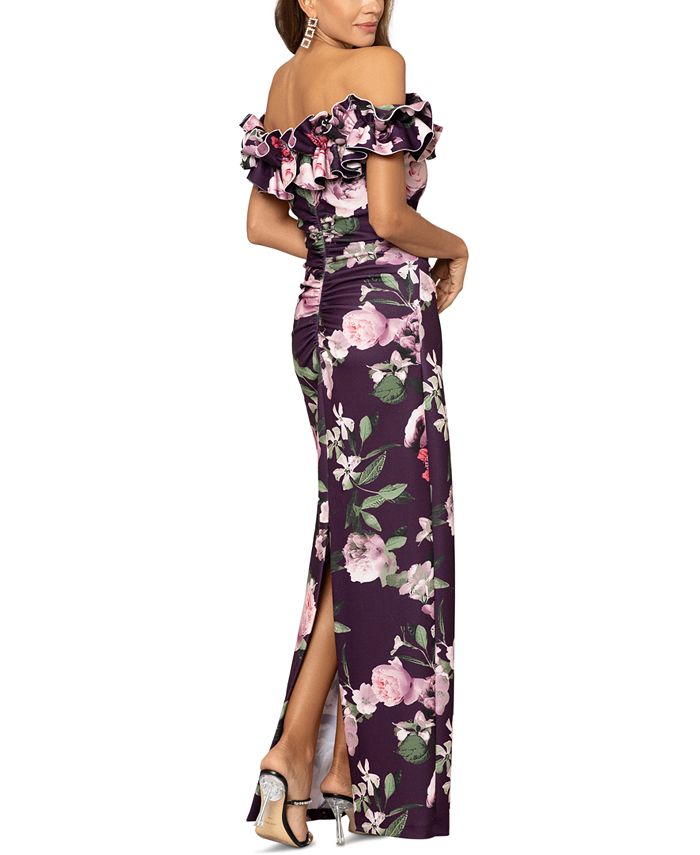 XSCAPE Women's Floral-Print Ruffled Off-The-Shoulder Gown - Macy's