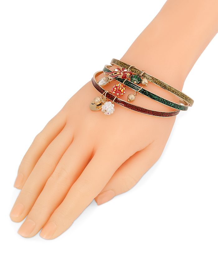 Holiday Lane Gold-Tone 3-Pc. Set Garland Charm Glitter Bangle Bracelets, Created for Macy's - Macy's