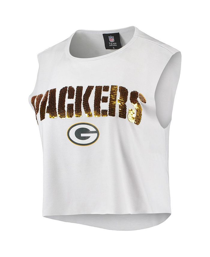 Cuce Women's White Green Bay Packers Sequin Cropped Tank Top - Macy's