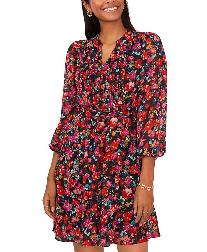 MSK Petite Pleated-Yoke Split-Neck Dress - Macy's