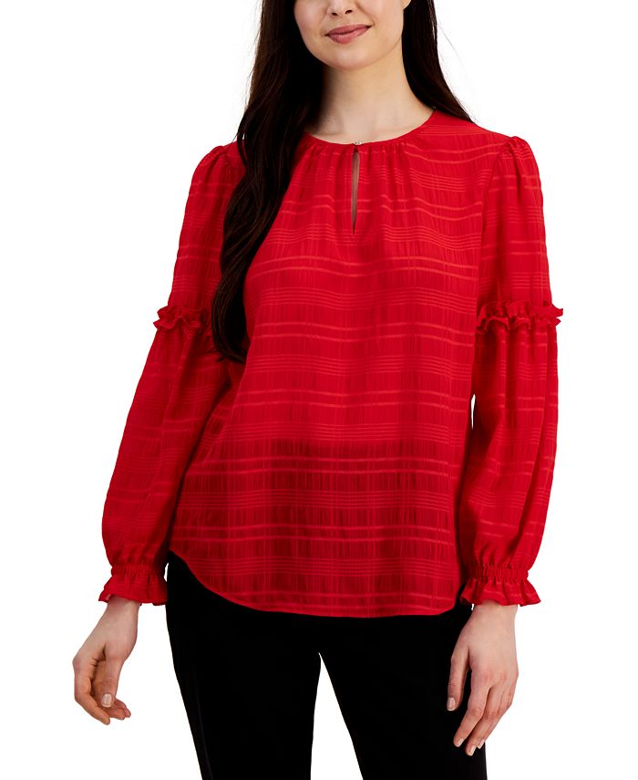 Tommy Hilfiger Women's Textured Keyhole Ruffle-Sleeve Blouse - Macy's